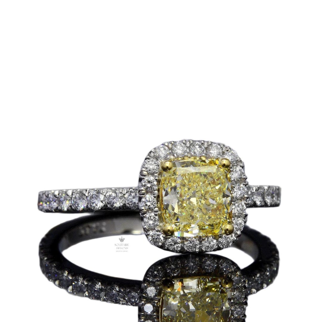 1.00ct Fancy Yellow Lab Diamond Ring | Cushion Halo Pave Band | Two ...