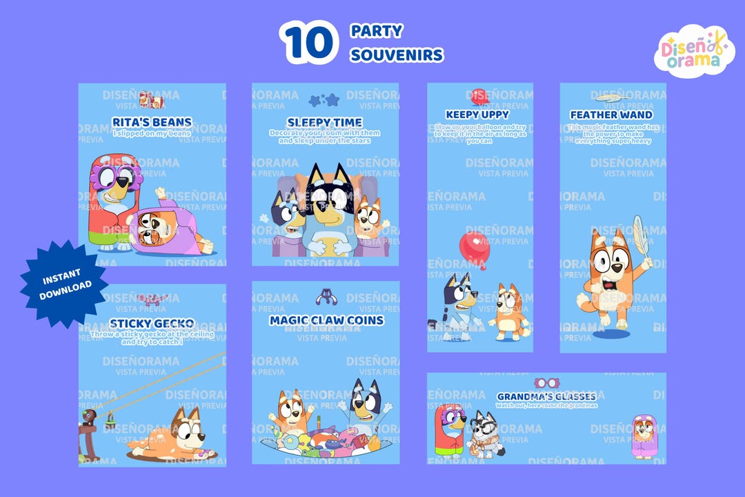 10 Bluey Party Favor Cards (grannys Glasses, Sticky Gecko, Keepy Uppy ...