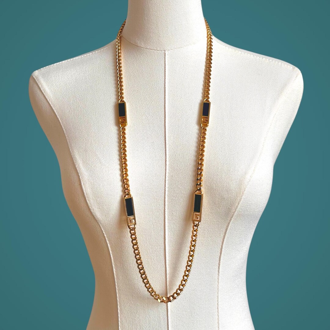 Vintage GIVENCHY Gold Tone Curb Chain Logo Station Necklace Blue Enamel ...