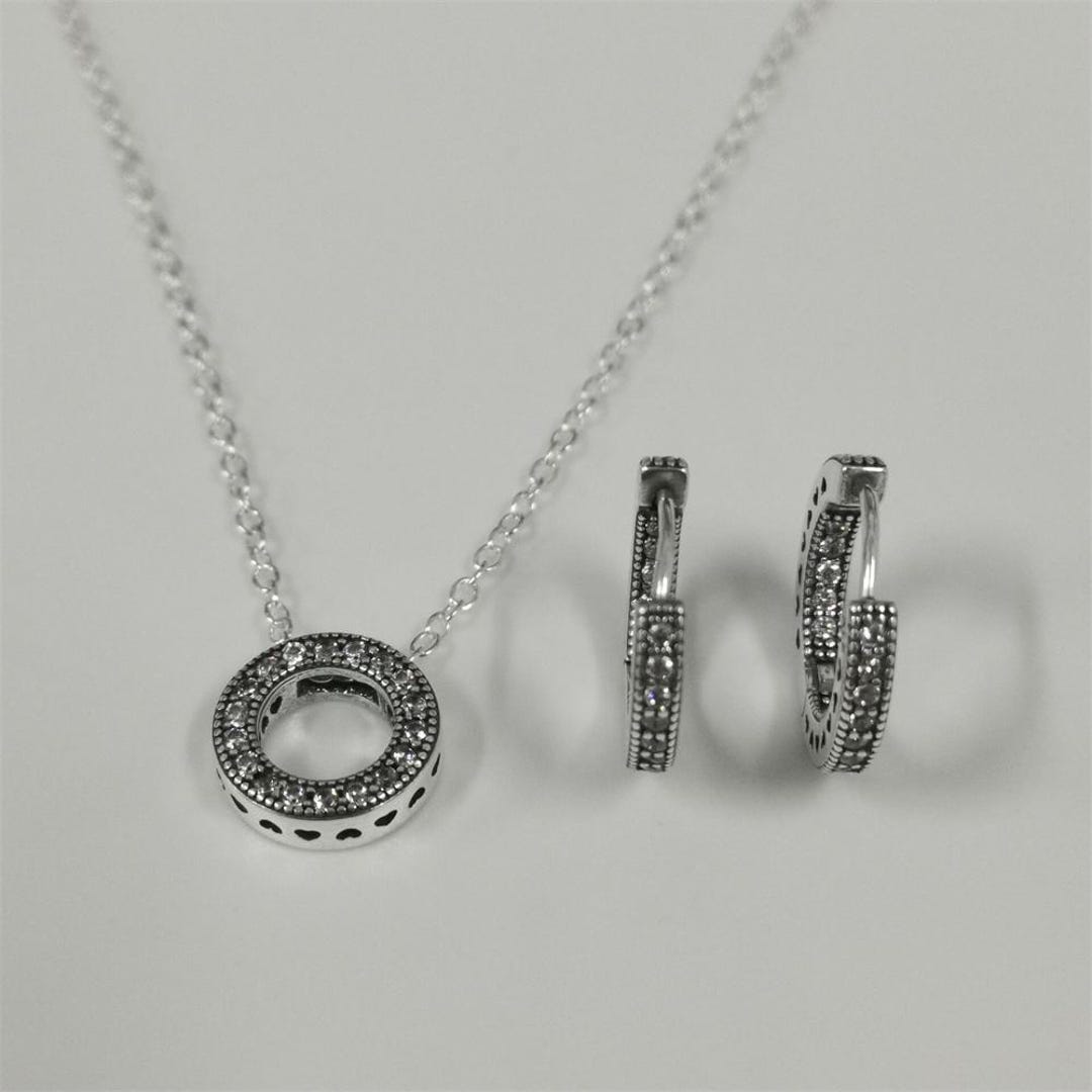 Pandora Pave Round Necklace and Pave Hoop Earrings Set - Etsy