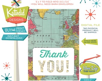 World Map Thank You Card - Etsy