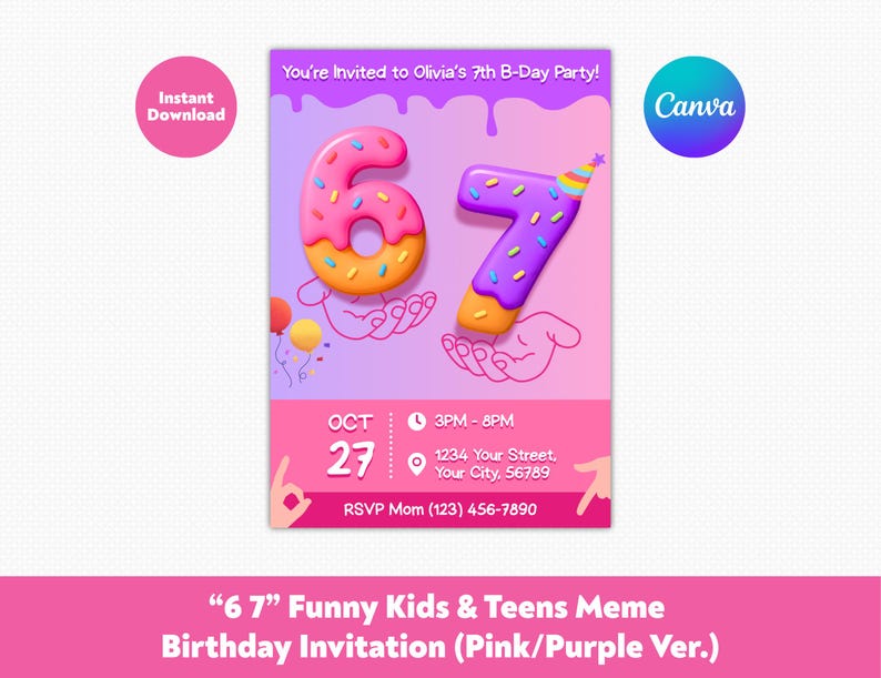 Editable "6 7" Funny Kids/teens Meme Birthday Invitation | Six Seven ...