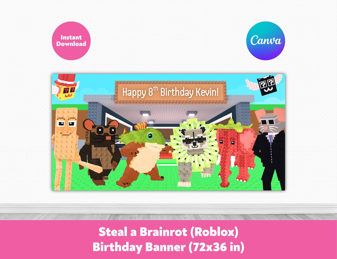 Editable Roblox Steal a Brainrot Birthday Party Banner | Italian ...
