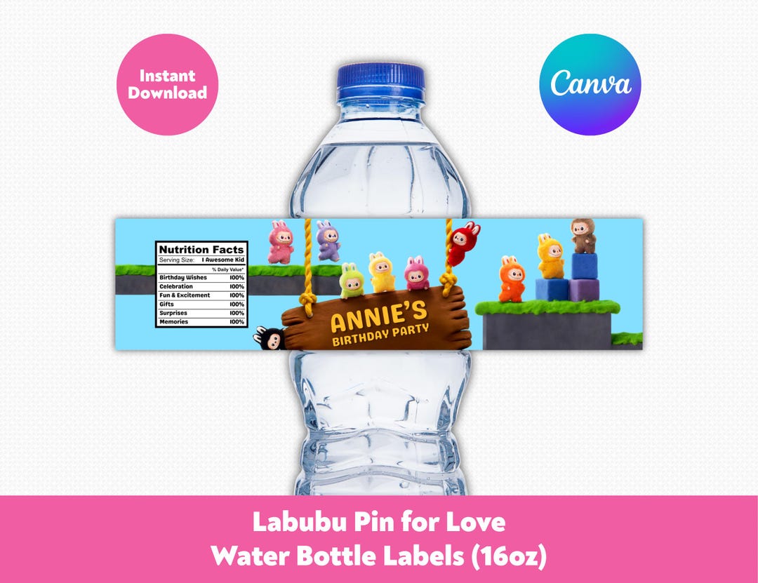 Editable Labubu Water Bottle Labels | Labubu Pin for Love Kids Birthday ...