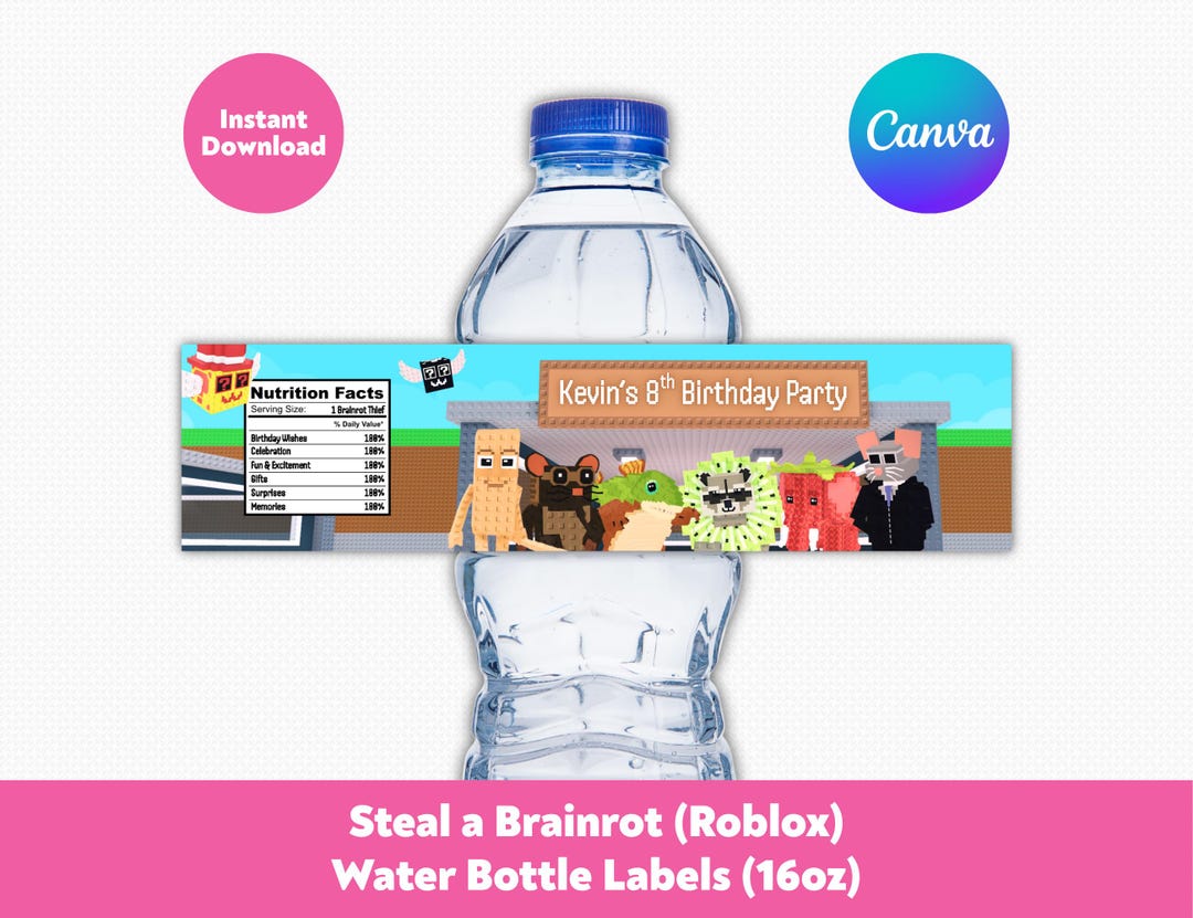 Editable Roblox Steal a Brainrot Water Bottle Labels | Italian Brainrot ...