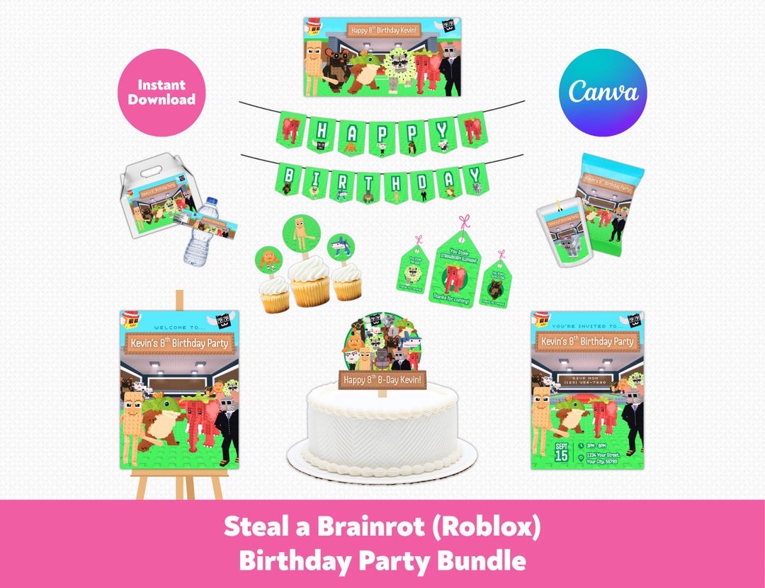 Editable Roblox Steal a Brainrot Birthday Party Decorations Bundle ...