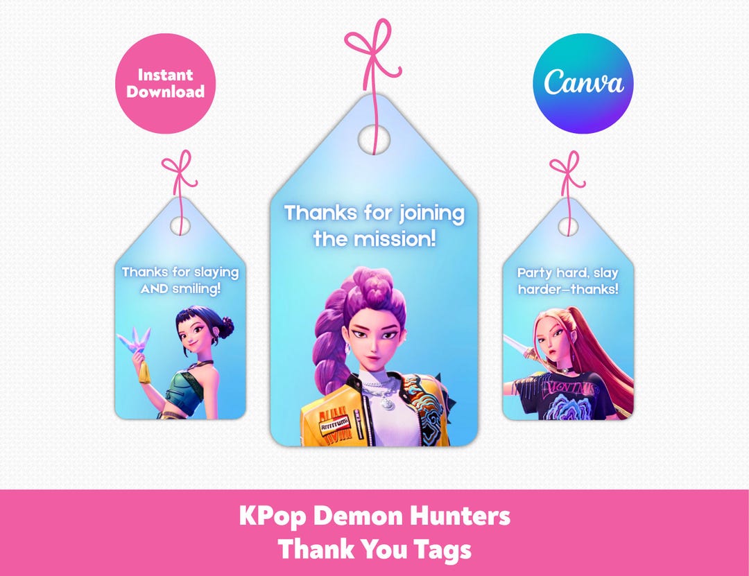 Editable Kpop Demon Hunters Thank You Tags | HUNTR/X Kids Birthday ...