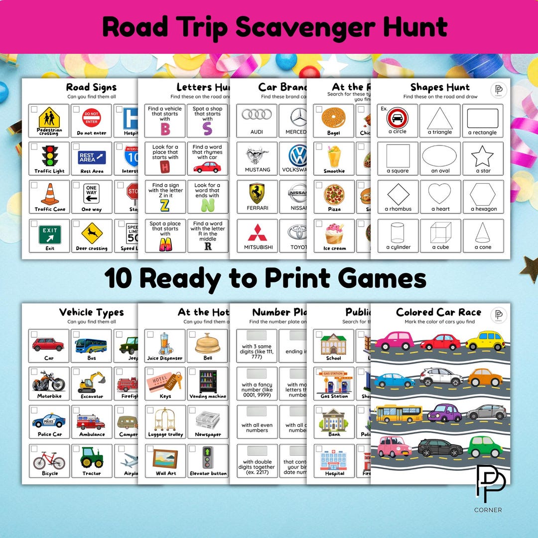 Road Trip Games for Kids Printable Bundle, Travel Scavenger Hunt, Car ...