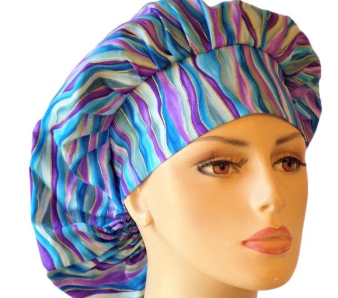 Scrub Hat-bouffant-purple and Blue Stripe-medical Scrub Hat-surgical ...
