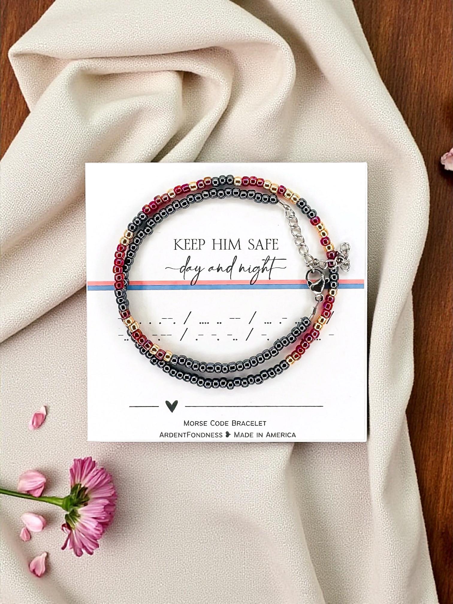Keep Him Safe Day and Night Morse Code Beaded Bracelet for US Military ...