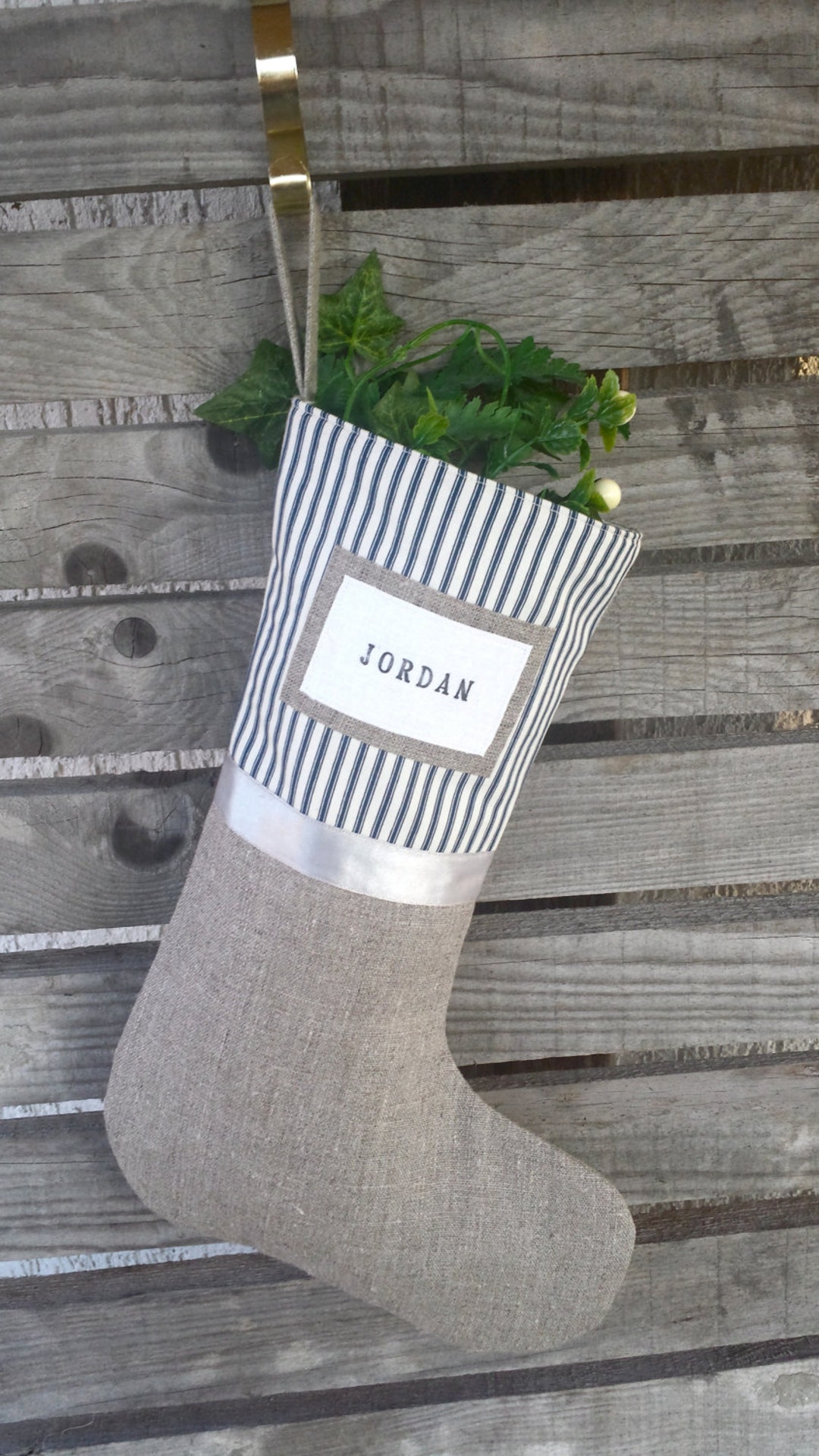 Navy Striped Christmas Stocking, Personalized Stocking, Linen Stocking ...