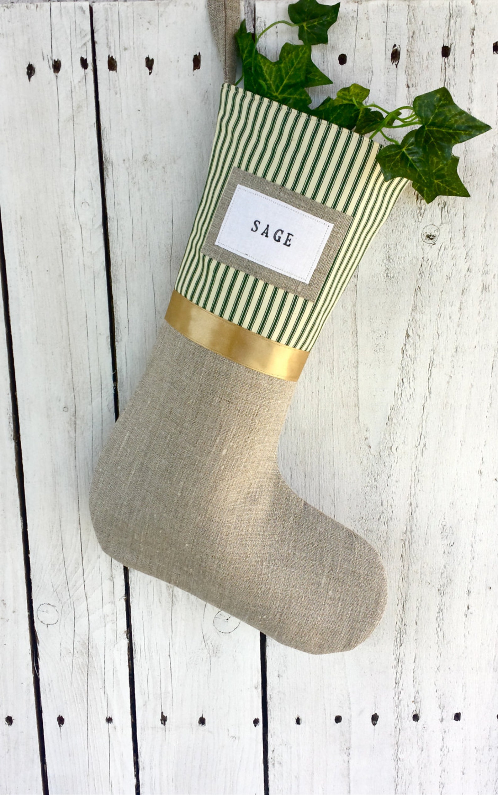 Green Striped Christmas Stocking Personalized Stocking Linen - Etsy