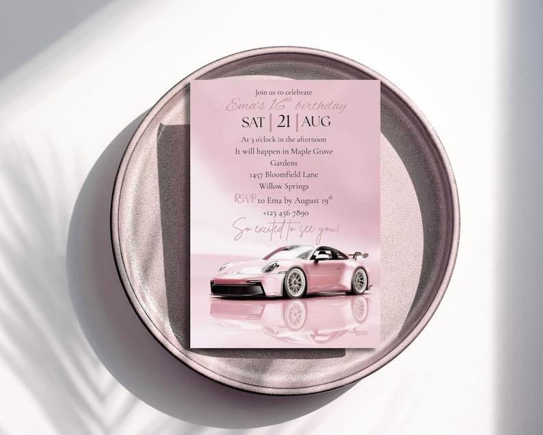 Pink Porsche Birthday Invitation Template | Editable Canva Girl Party ...