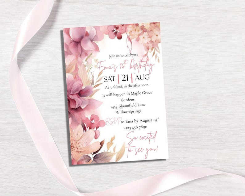 Blush Pink Floral Invitation Template: Elegant Birthday Design ...