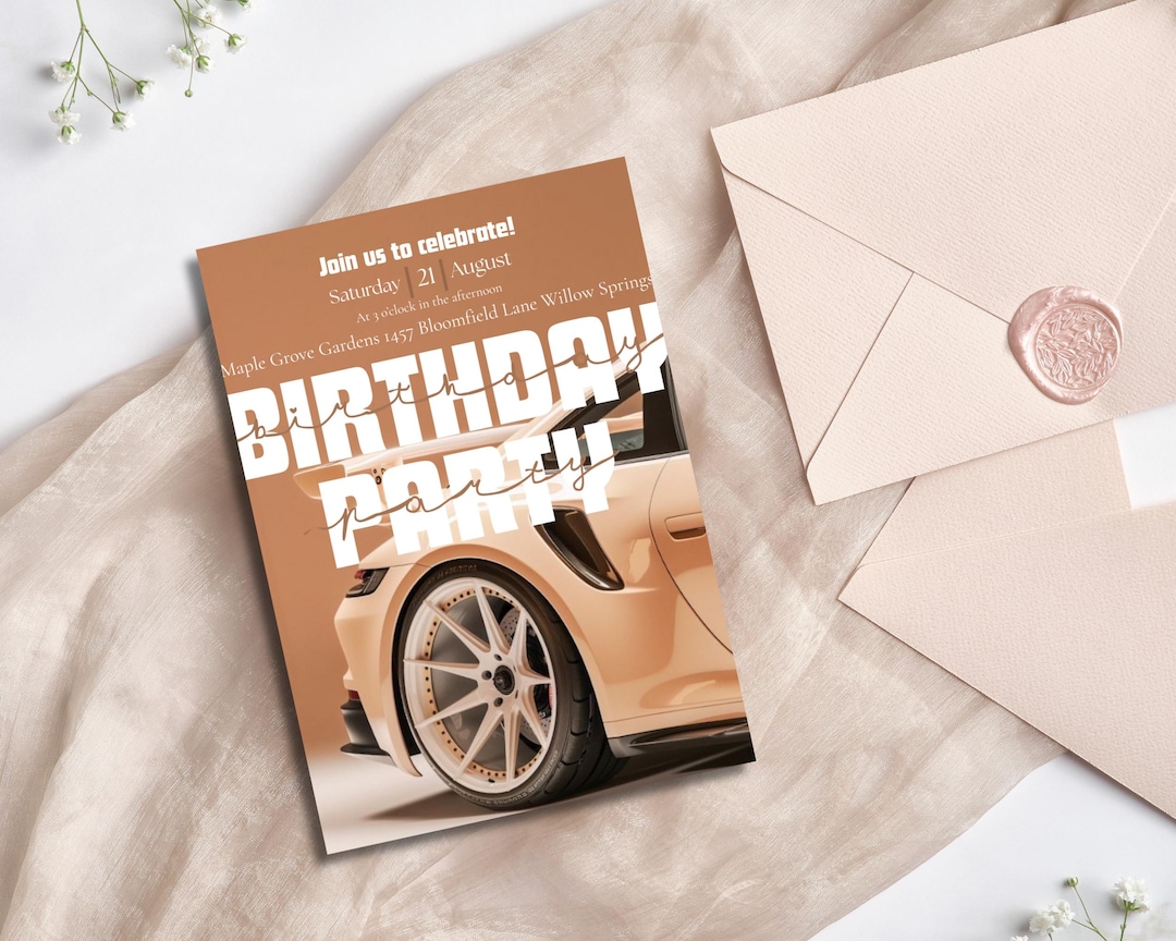 Beige Porsche Birthday Invitation: Luxury Car Party, Editable Canva ...
