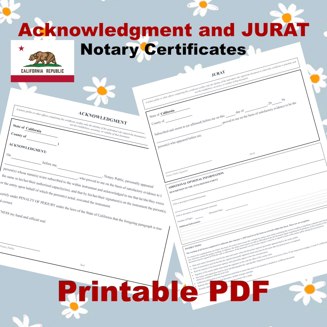 California Notary Acknowledgement and Jurat Certificates - Etsy UK