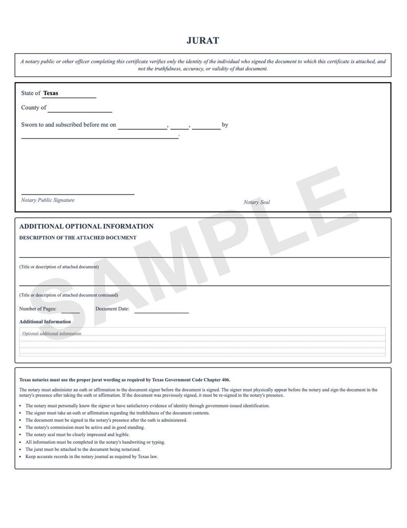 Texas Jurat Notary Certificate – Editable & Printable Form | Instant ...