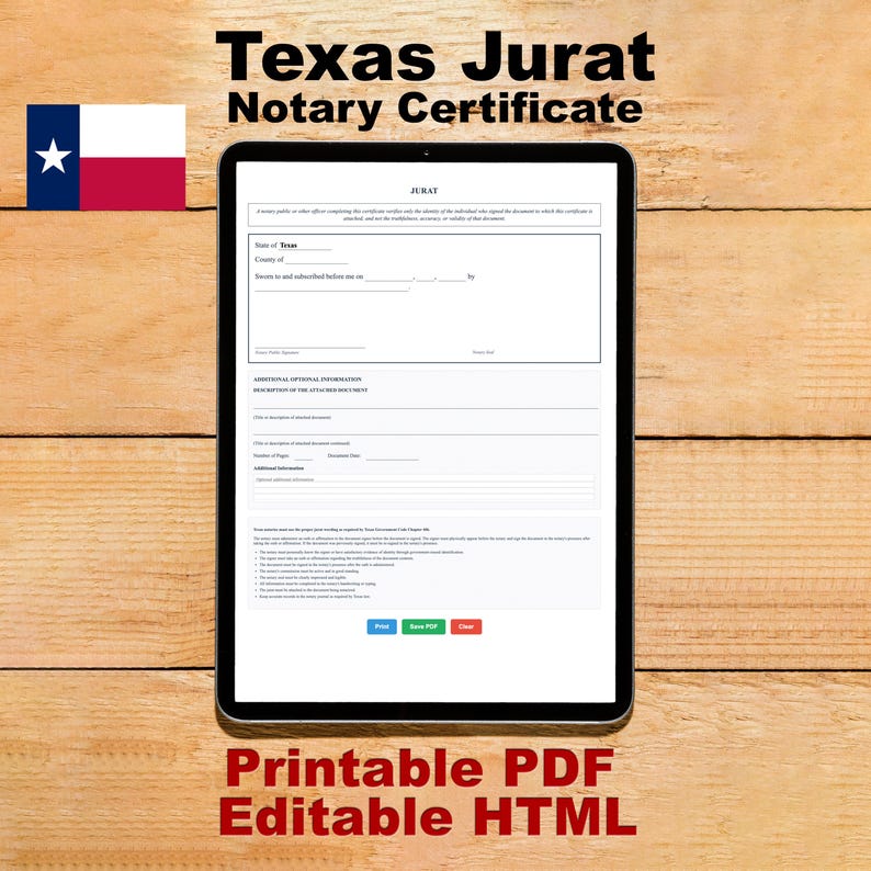 Texas Jurat Notary Certificate – Editable & Printable Form | Instant ...