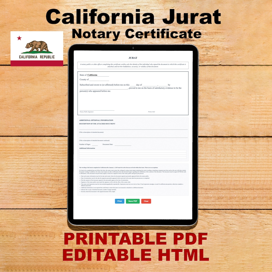 California Jurat Notary Form Fillable HTML - Etsy Canada