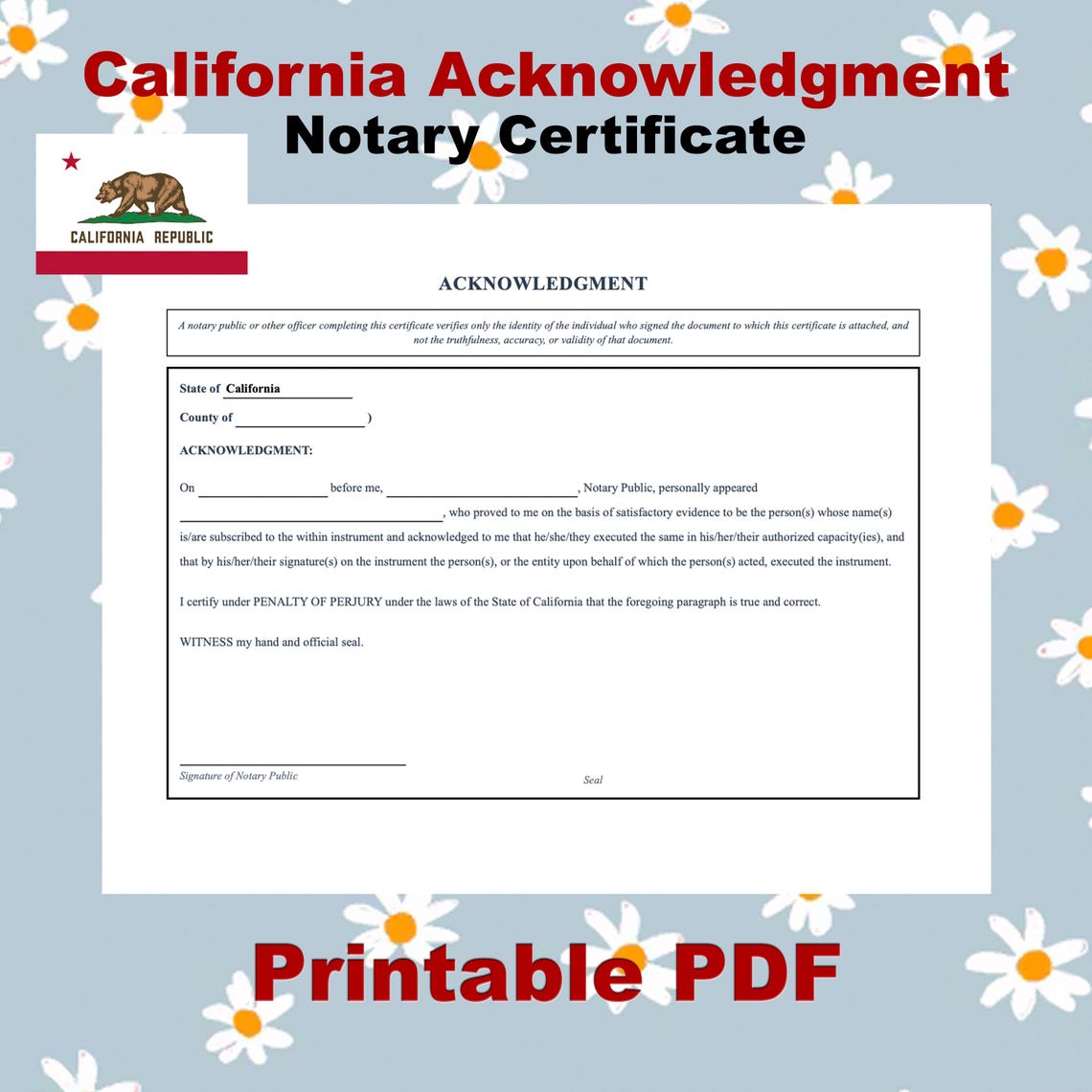 California Notary Acknowledgement Form - Etsy