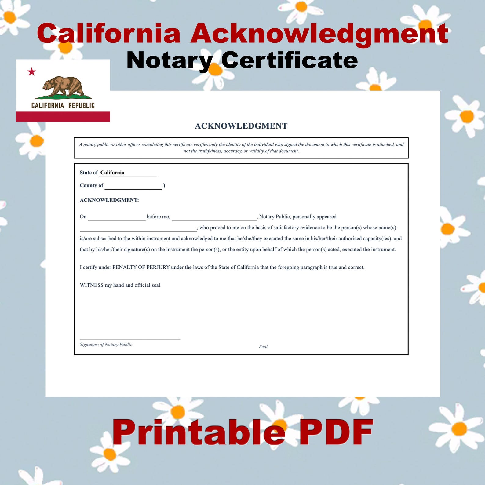 California Notary Acknowledgement Form - Etsy