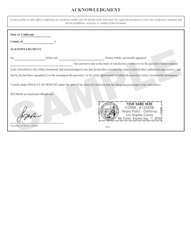 California Notary Acknowledgement Form - Etsy