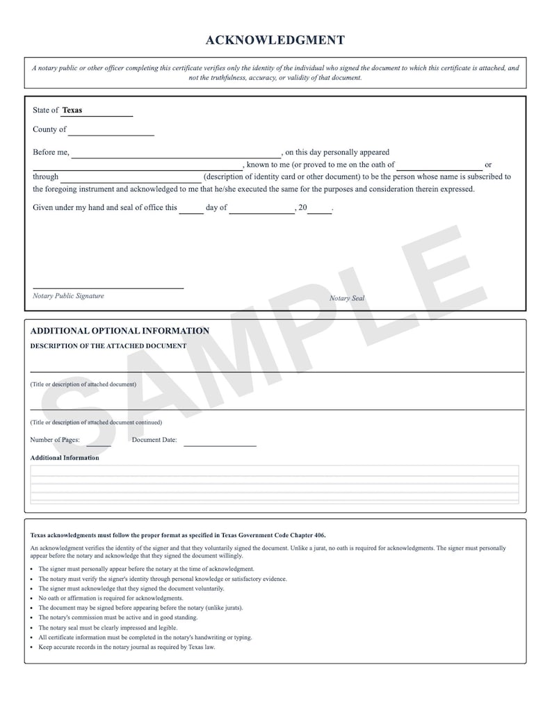 Texas Notary Acknowledgment Certificate Editable & Printable Form - Etsy