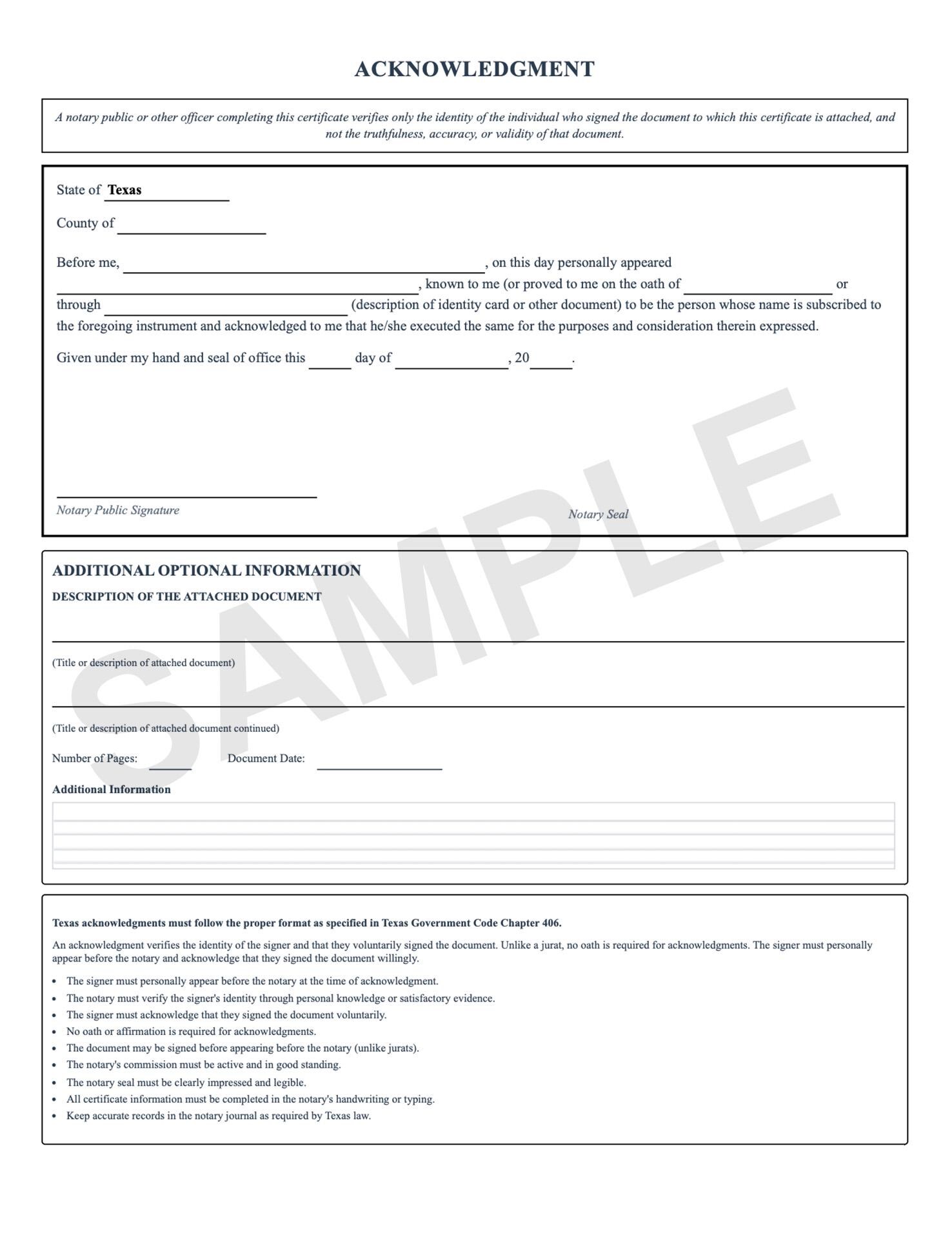 Texas Notary Acknowledgment Certificate Editable & Printable Form - Etsy