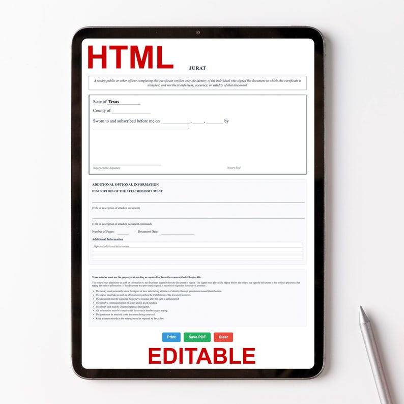 Texas Jurat Notary Certificate – Editable & Printable Form | Instant ...