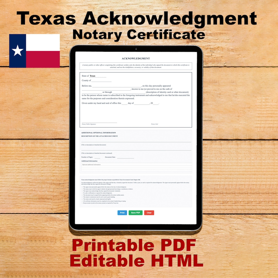 Texas Notary Acknowledgment Certificate Editable & Printable Form - Etsy