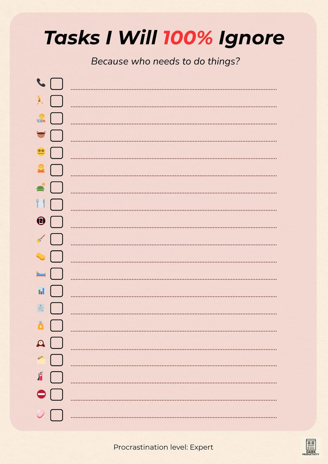 Tasks I Will 100 Percent Ignore | Funny Non-productivity Template for ...