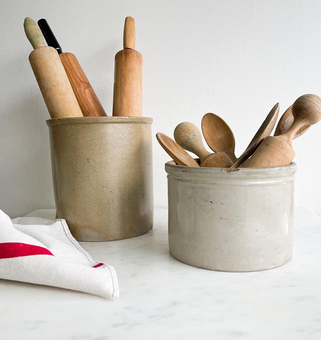 Antique Crock Beige Stoneware Crock Pottery Farmhouse Kitchen Utensil ...