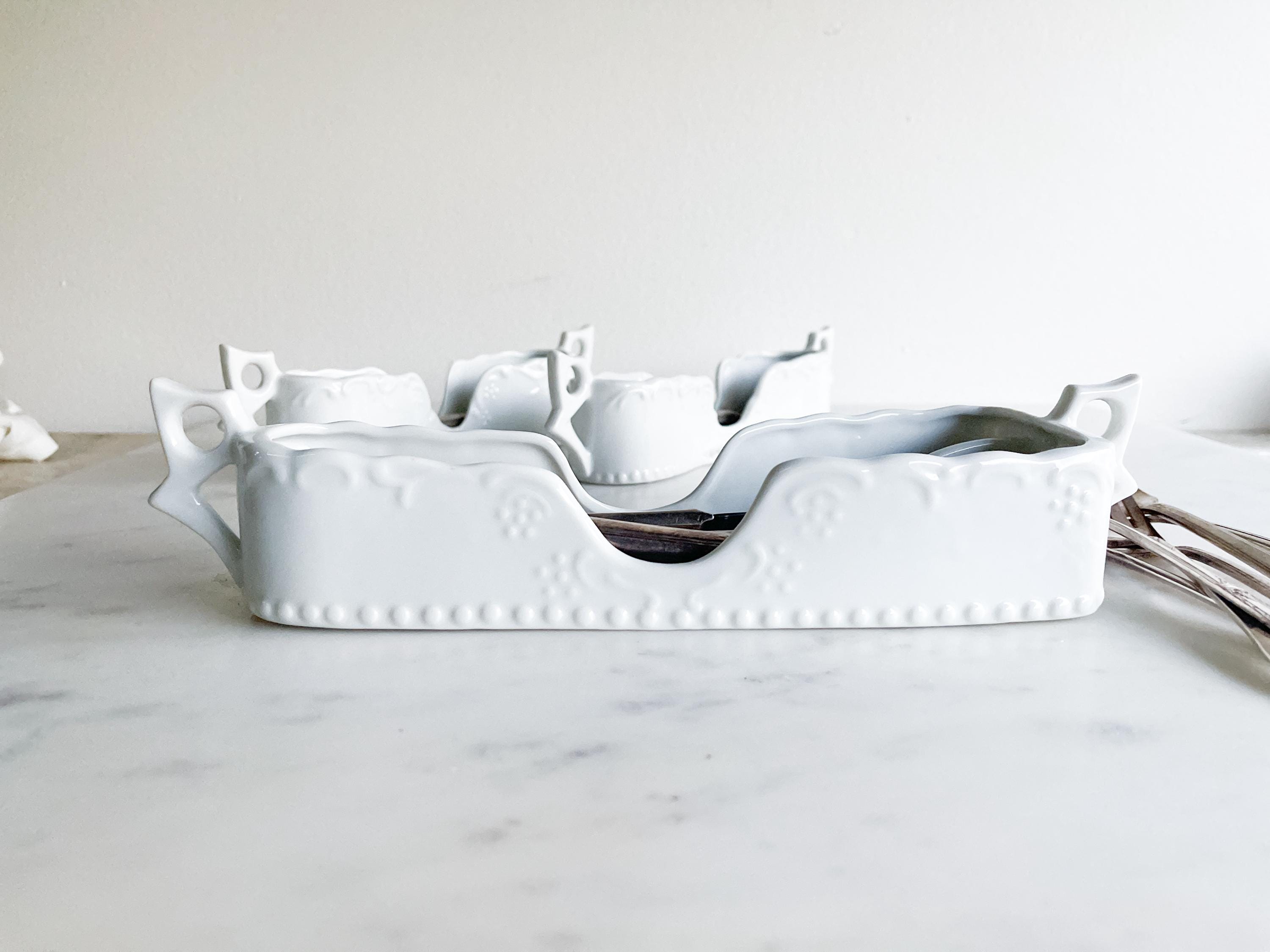 Vintage Buffet Silverware Servers Caddies Utensils White Porcelain ...
