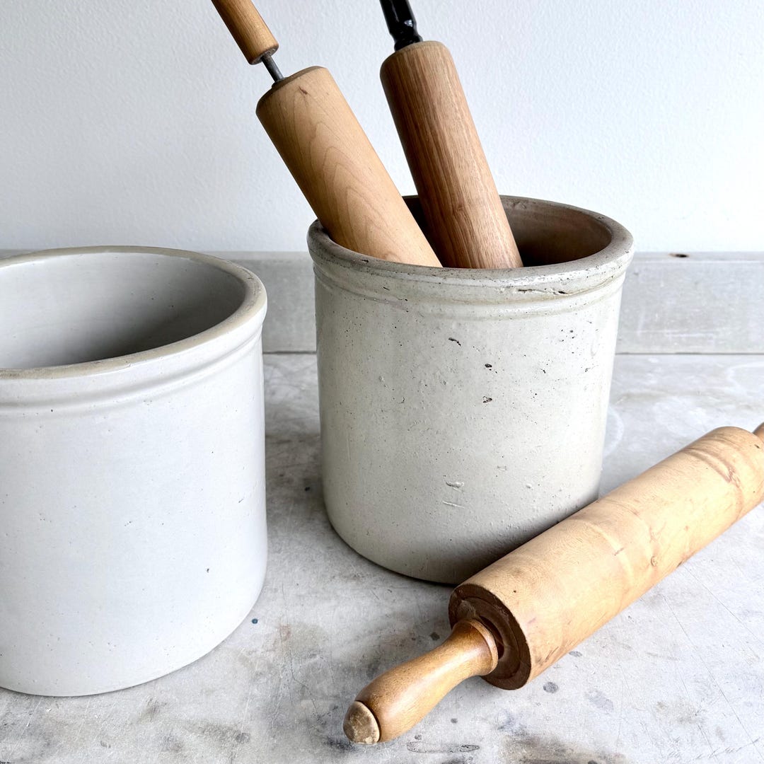 Antique Crock Beige Stoneware Crock Pottery Farmhouse Kitchen Utensil ...