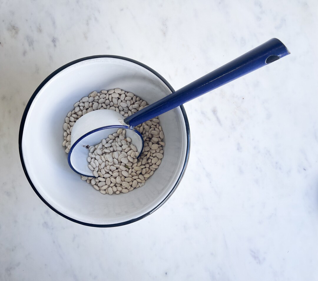 Vintage Enamel Ladle White and Blue Metal Ladle French Farmhouse Modern ...