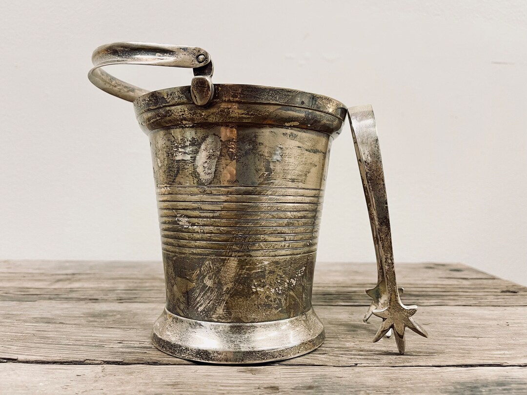 Small Metal Ice Bucket With Tongs and Handle Vintage Silver Plate Ice ...