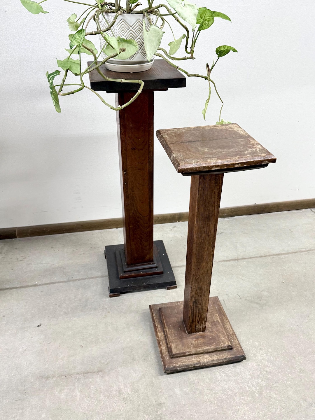 Antique Pedestal Plant Stand Oak Fluted Trunk Column 1930s Vintage ...