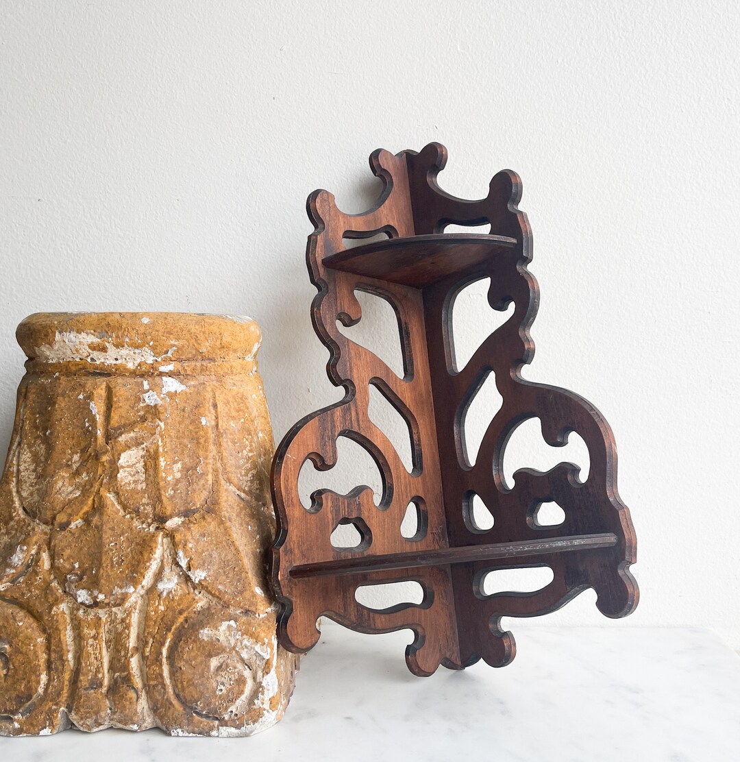 Small Carved Wooden Corner Shelf Scrolly Dark Wood Shelving Kitchen ...