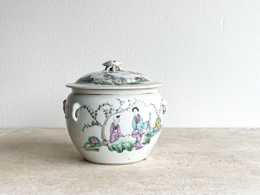 Antique Chinese Congee Pot With Lid Ornamental Finial Hand Painted ...