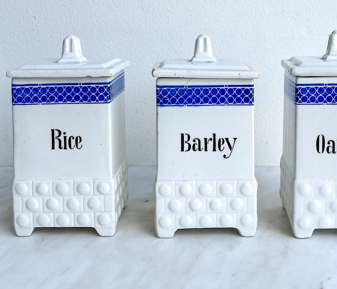 Antique Blue Stencil Canister With Lid Barley Oatmeal Rice Storage ...