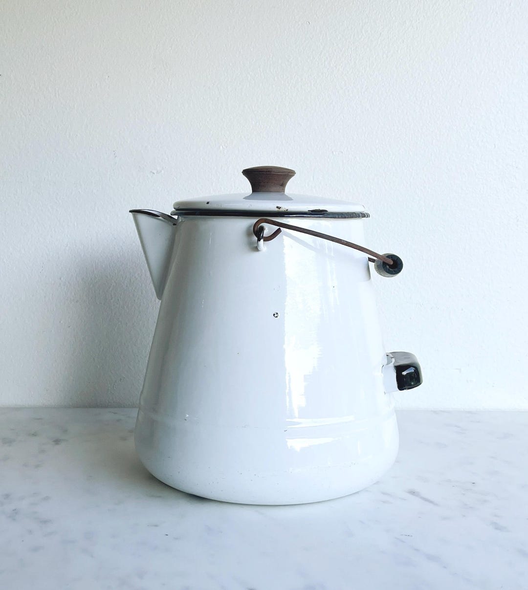 White Enamel Pitcher Black and White Enamelware French Farmhouse ...