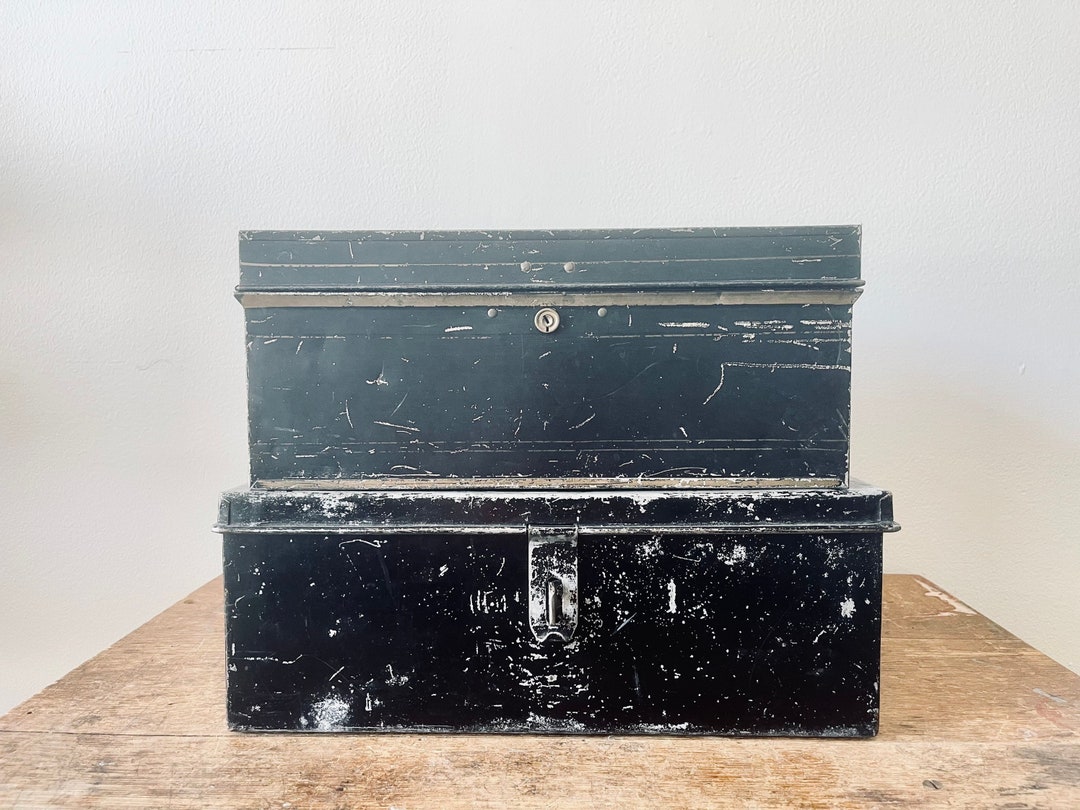 Vintage Large Metal Box Cash Deposit Box Galvanized Steel Black Heavy ...