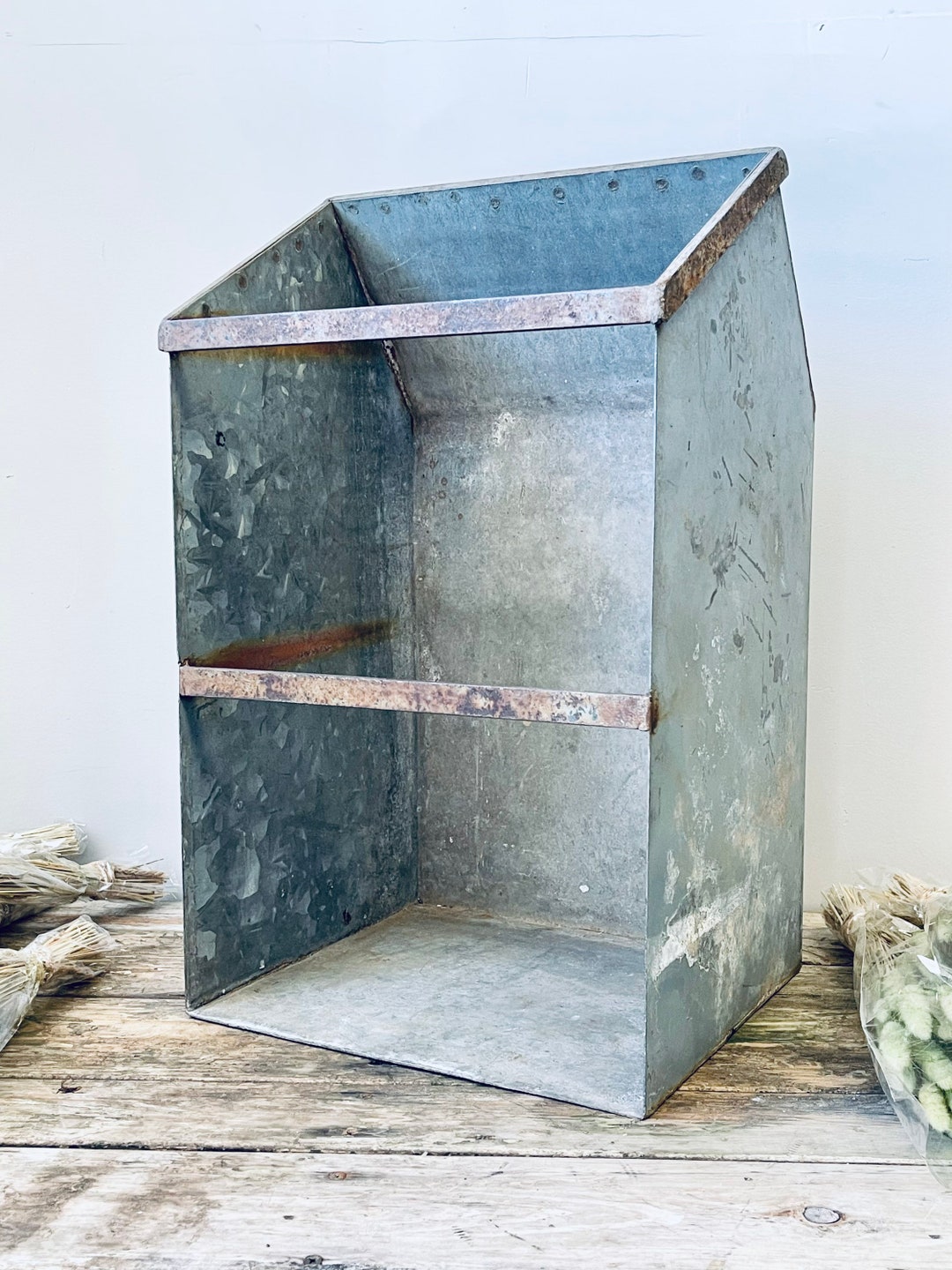 Vintage Galvanized Steel Bin Angled Drawer Industrial Farmhouse Heavy ...