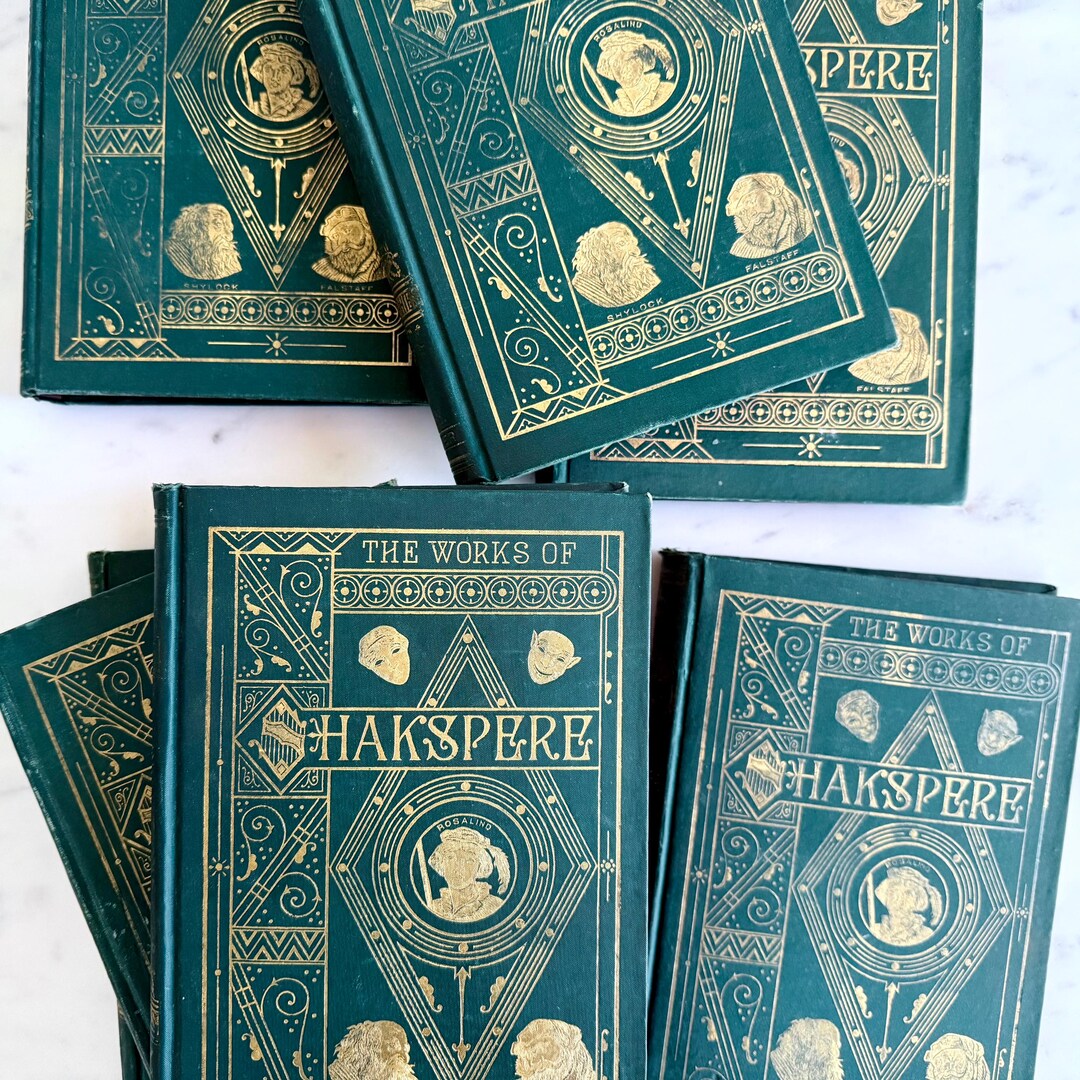 Antique Shakespeare Set of 7 Illustrated Books STUNNING 1800s Green and ...