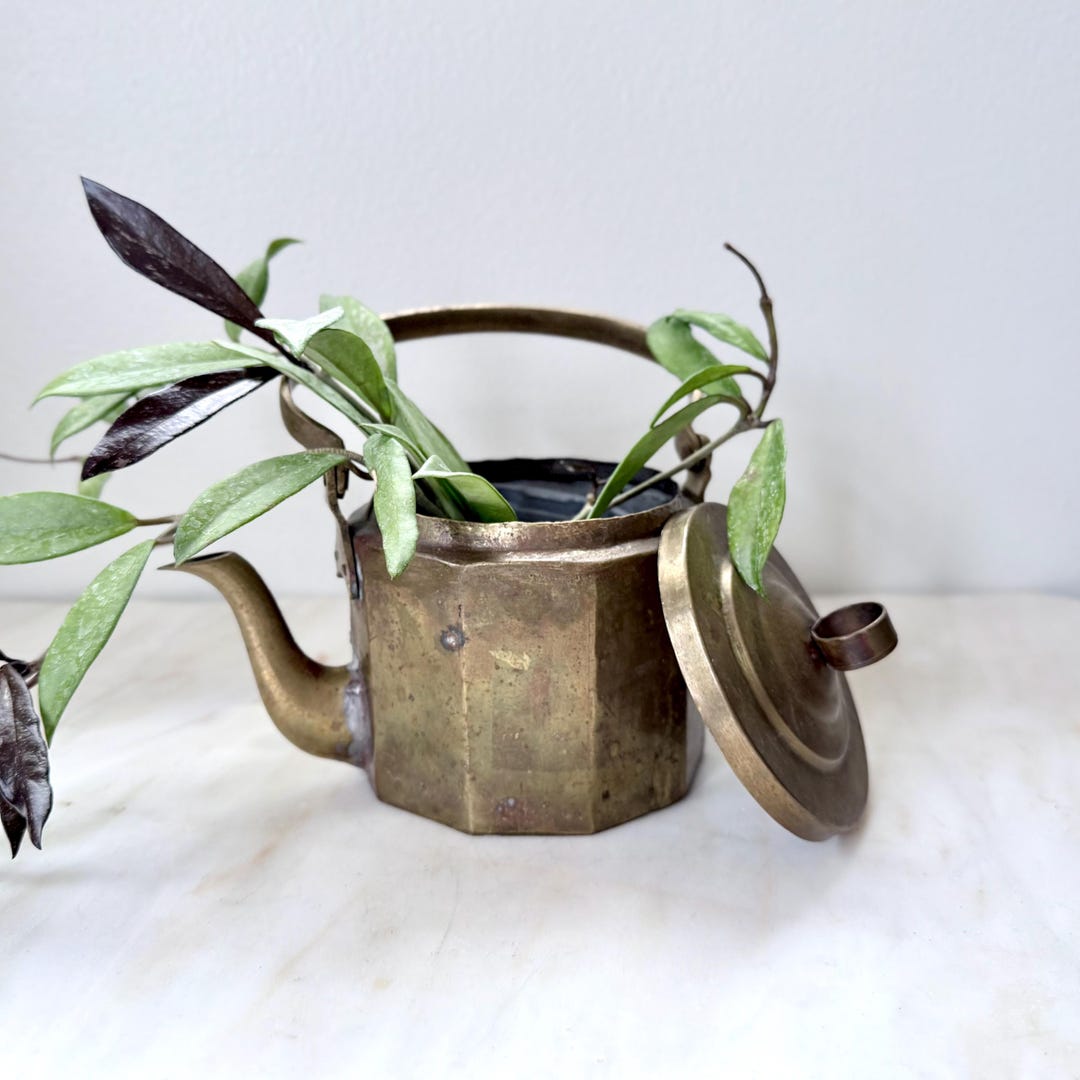 Antique Brass Tea Kettle Teapot Octagonal 1800s Primitive Handmade Pot ...