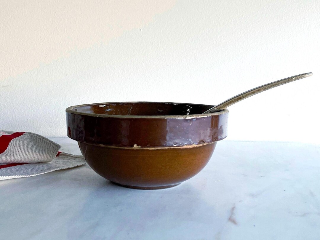 Antique Brown Stoneware Bowl 7.25” Mixing Serving Brownware Shoulder ...