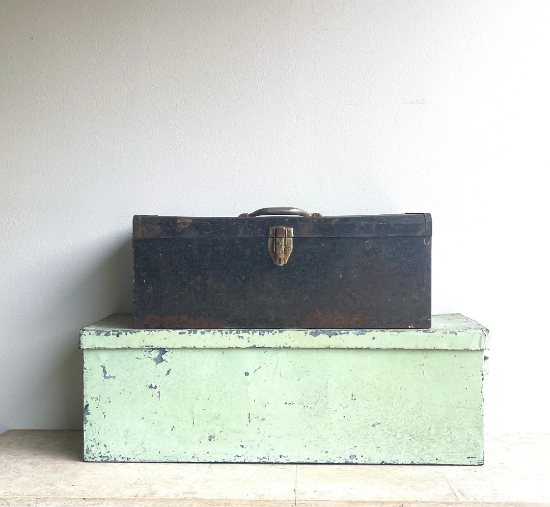 Large Black Vintage Tool Box Metal Toolbox Tackle Box Rustic Storage ...