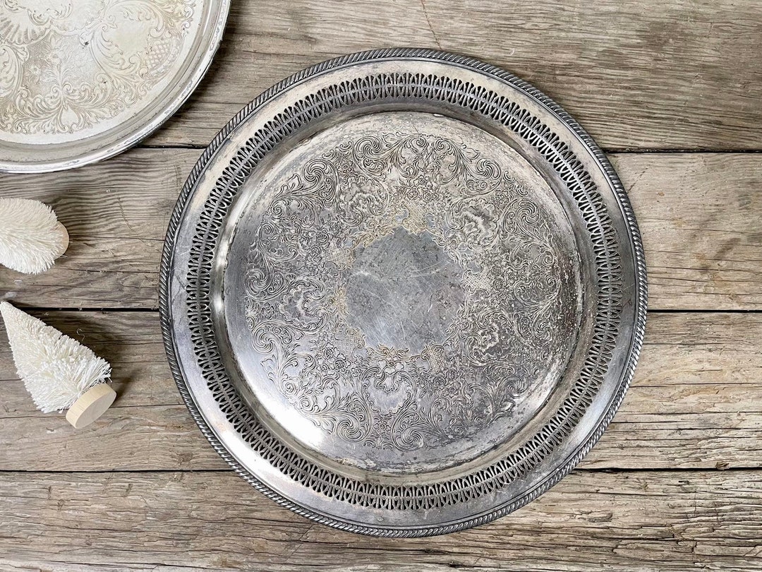 Large Round Silver Serving Tray Round Perforated 15 Inch - Etsy