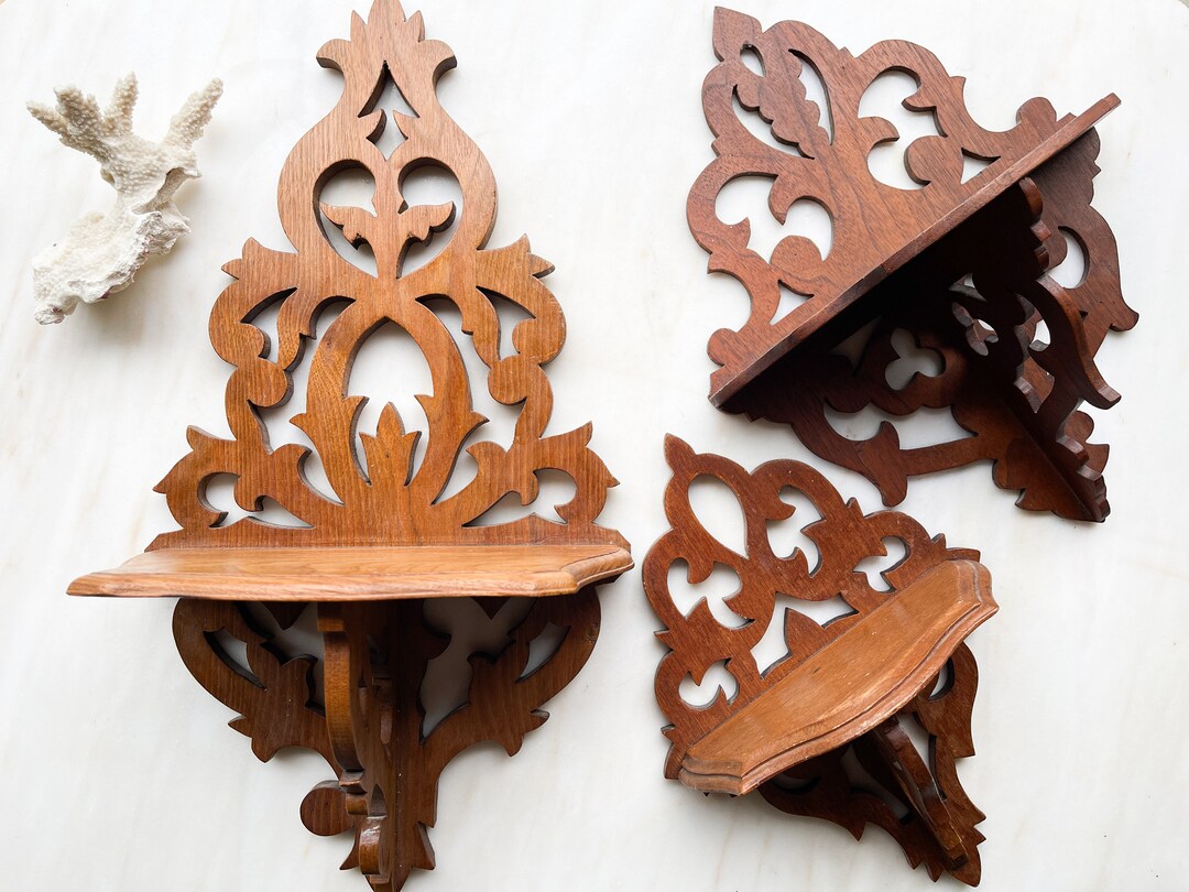 Small Wall Hung Wood Shelf Ornate Curvy Scroll Handmade Dark Wood ...