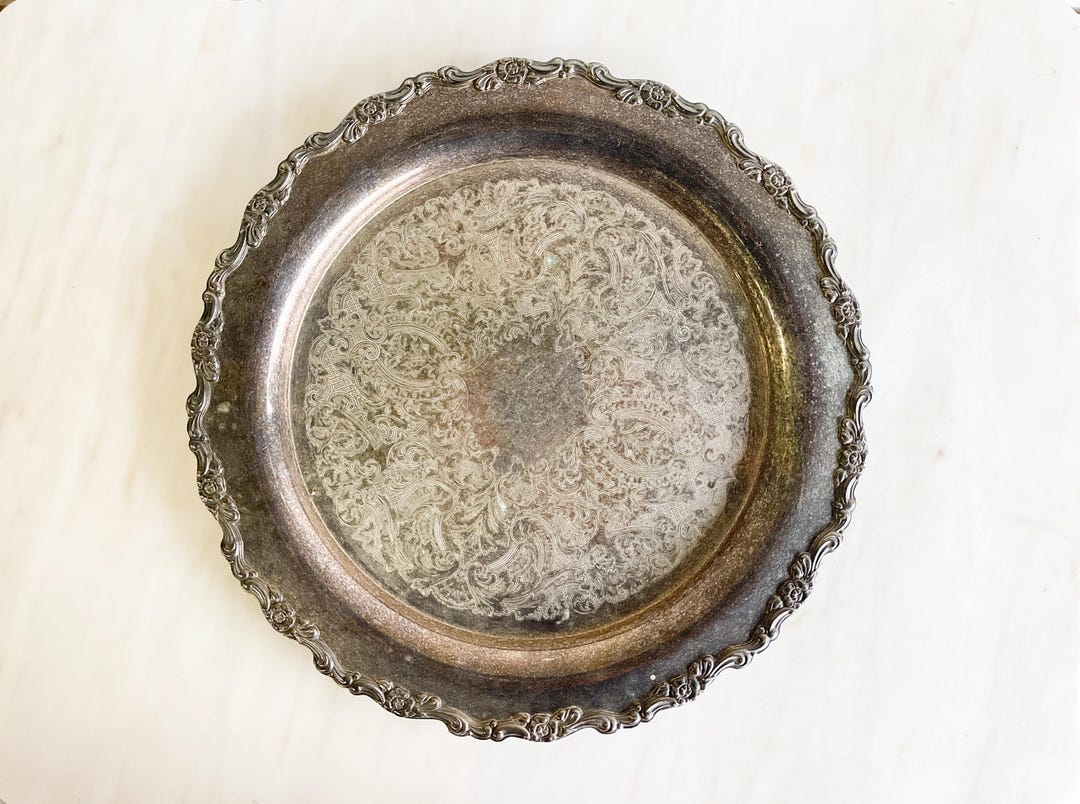 15” Oneida Round Silver Plate Tray Ruffled Edge Floral Etched Tarnished ...